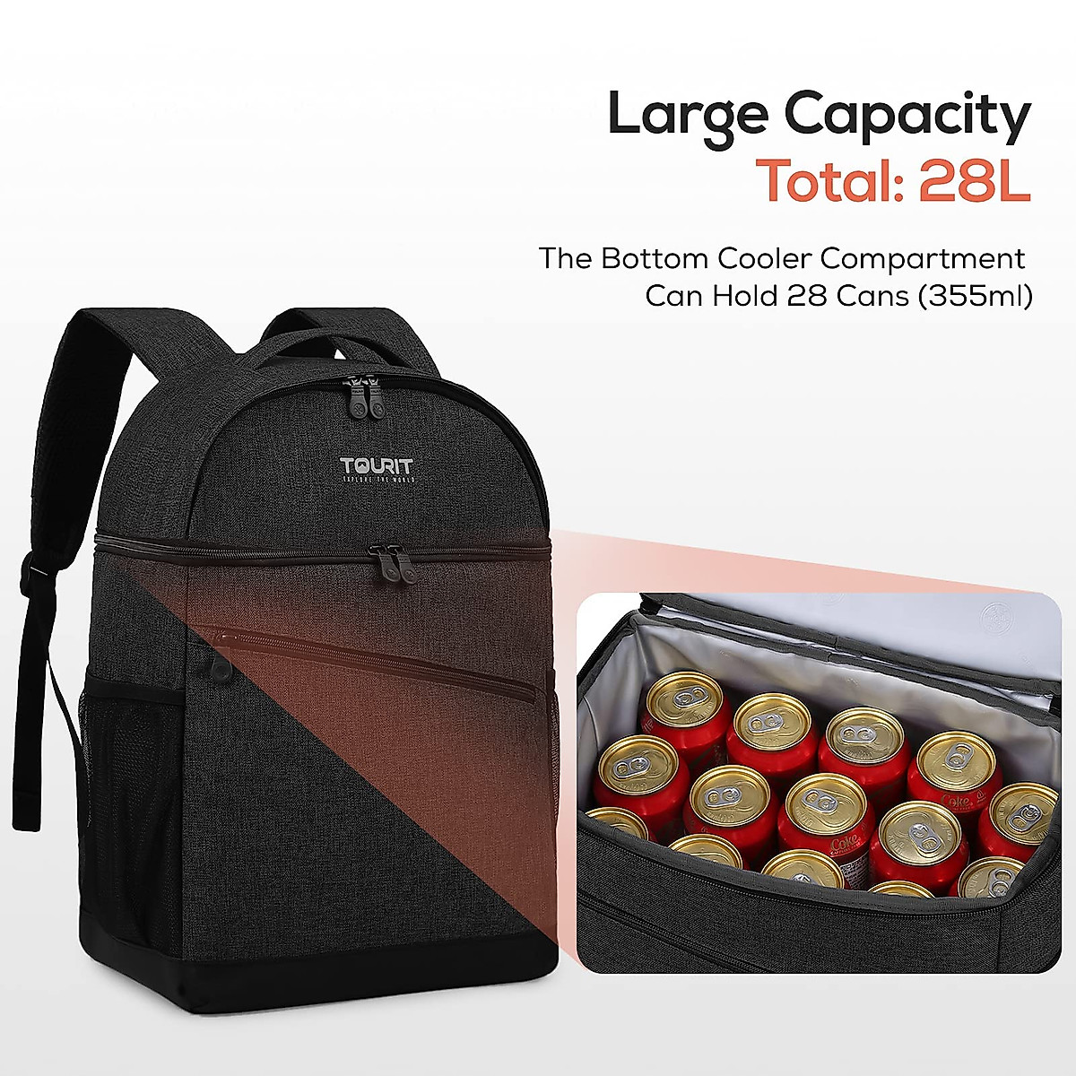 TOURIT Insulated Backpack Cooler Leak-Proof Backpack Lunch Box 28 Cans Double Deck Cooler Backpack