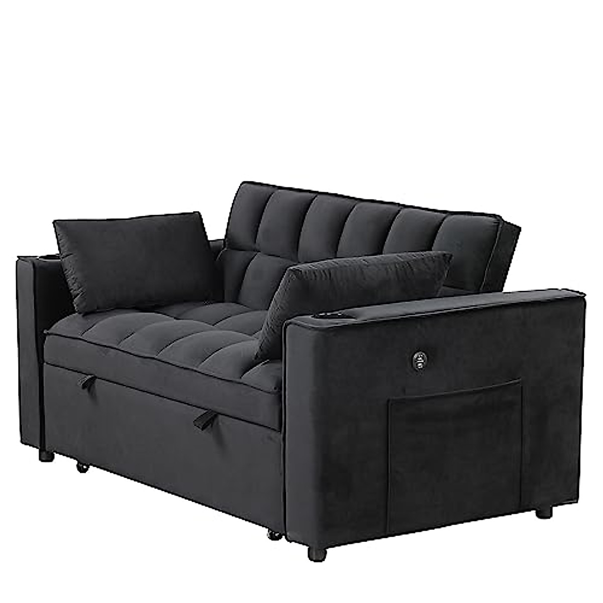 4 in 1 Upholstered Futon Sofa Convertible Twin Sofabed ,Foldable Tufted Loveseat with Pull Out Sleeper Couch Bed, Space Saving Love Seat Daybed W/Side Pockets ,USB Ports & Cupholders for Living Room