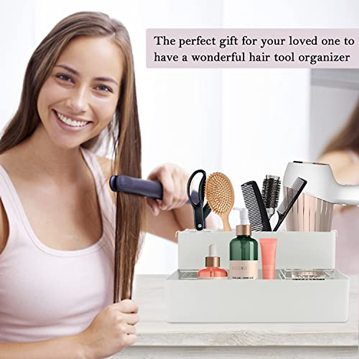 BUSOKIP Hair Tool Organizer/Hair Dryer Holder Wall Mount. Large Bathroom Sink Organizer Countertop Hot Tool Holder for Curling Iron, Blow Dryer, Straightener, Flat Iron. White