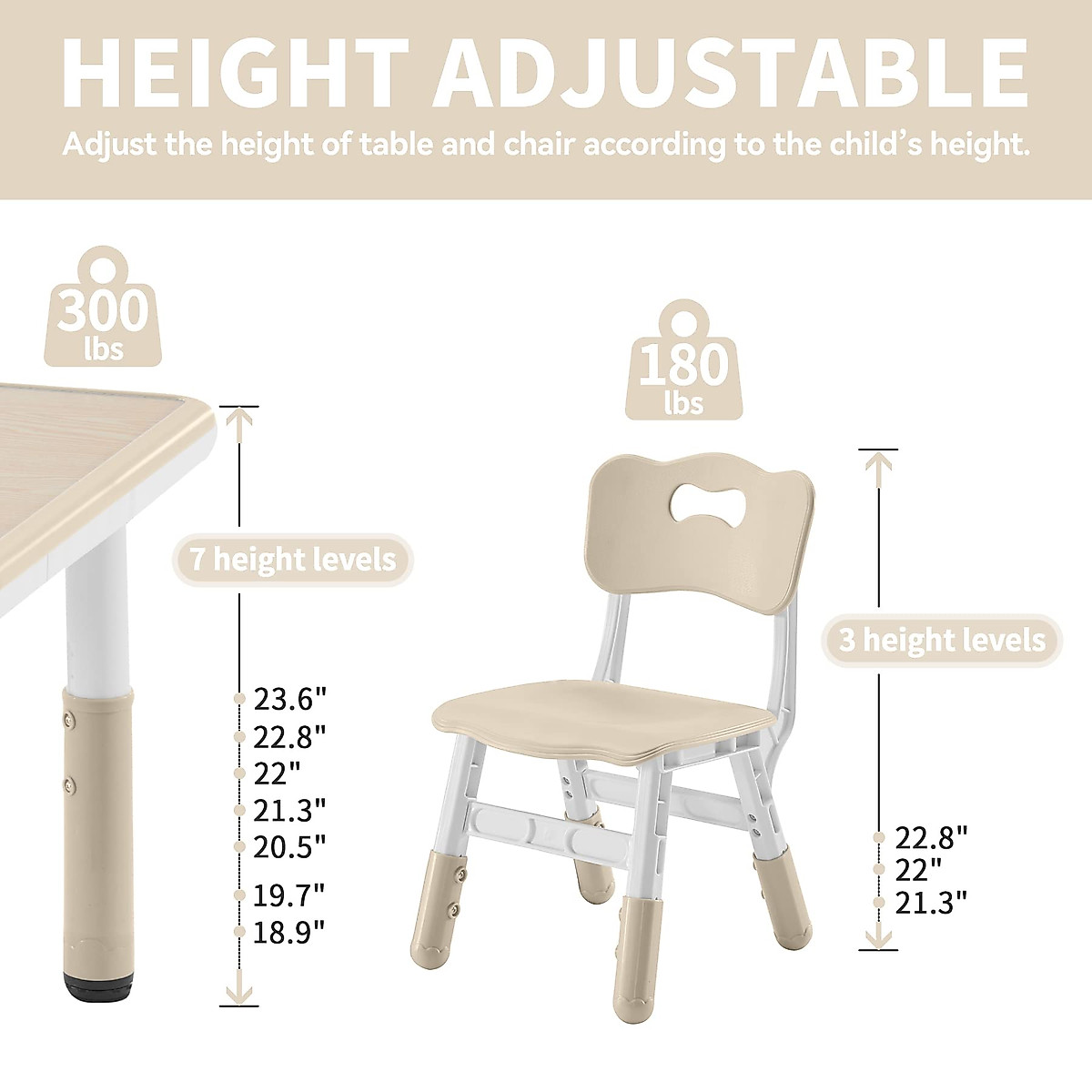 DOREROOM Toddler Table and Chairs Set for 4, Kids Study Table and Chair Set, Height-Adjustable, Graffiti Desktop, Children Activity Table for Daycare, Classroom, Home, Burlywood Wood Grain