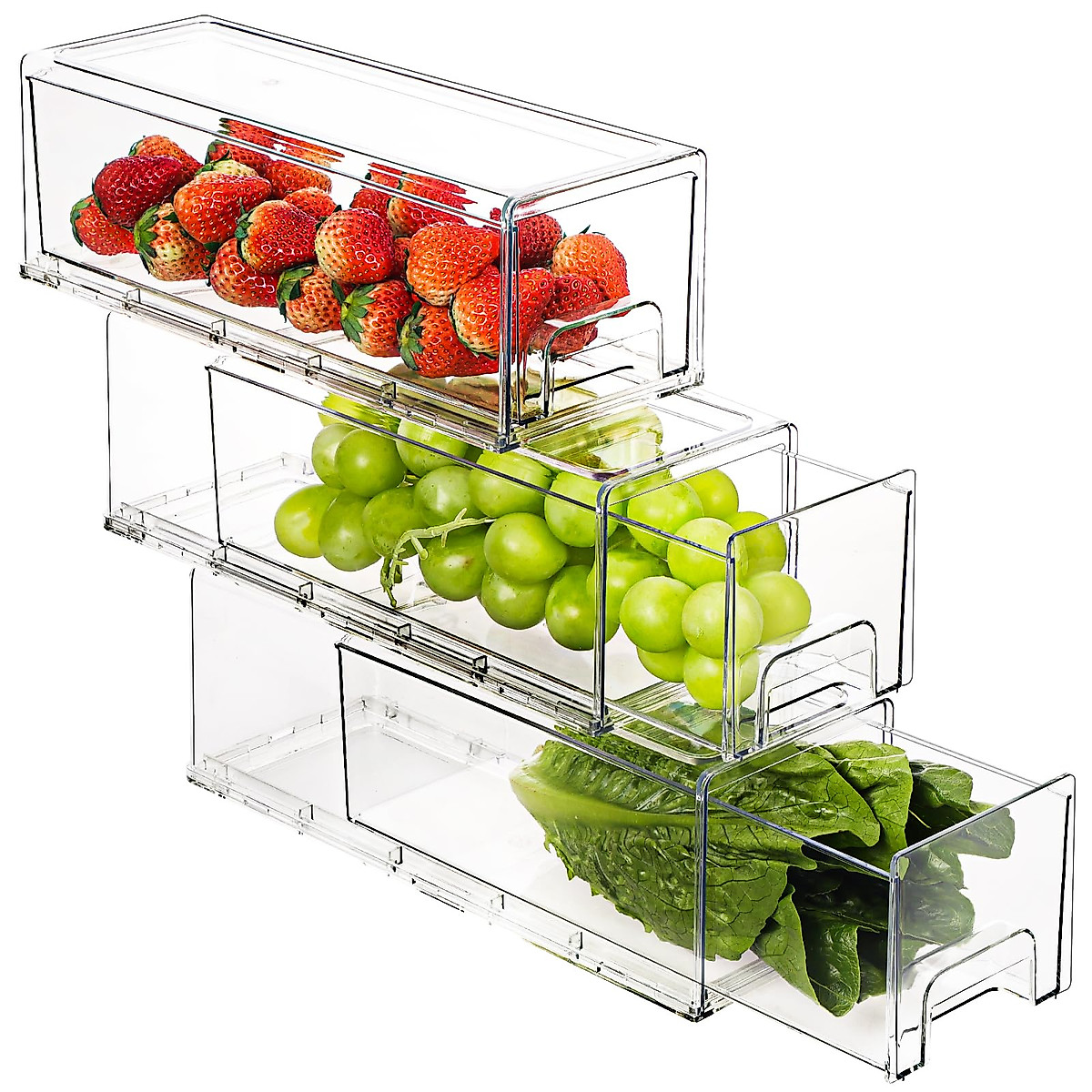 Moretoes Fridge Drawers 3 Pack Clear Stackable Pull Out Refrigerator Organizer Bins, Kitchen Organization Cabinet Fridge Organizer, Pantry Organization and Food Storage Containers