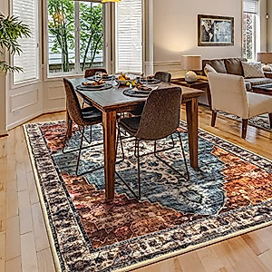 COLORPAPA Area Rug 5x7 Machine Washable Rugs Boho Living Room Rug Non-Slip for Bedroom Dinning Room Kitchen Hallway Blue Taupe Carpet