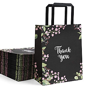 Black Thank You Gift Bags 50 Pack 8" X 10" Medium Size Paper Bags With Handles Floral Design Bulk Thank You Bags For Business Boutique, Gifts Wedding Favors Retail Shopping Goody Bags