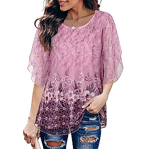 SeSe Code Plus Size Floral Tops to Hide Belly for Women Chiffon Blouses for Work Profession Loose Fitting Tops Flowy Cute Shirts Bell Sleeve Fall Clothes Pink 3XL