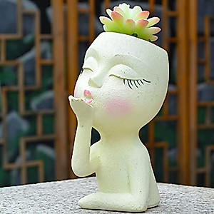 Head Planter, Face Flower Pots, Kiss Planters with Girl Heads, Lady Faces Flowerpot, Succulent Art Face Pots, Female Garden Pots, Small Statue Plant Pots with Drainage for Indoor Outdoor Plants(Cream)