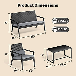 Ahomly Patio Furniture Set,4 Pieces Outdoor Patio Furniture with Deep Seating Cushion,Wicker Patio Conversation Set Balcony Furniture with Table for Backyard,Porch,Gray