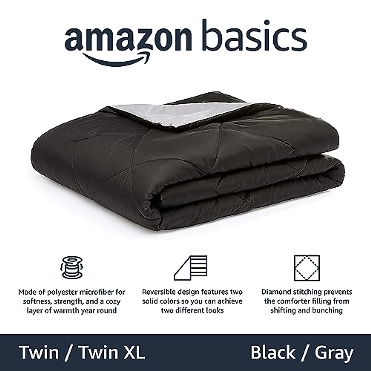 Amazon Basics Reversible Lightweight Microfiber Comforter Blanket, Twin/Twin XL, Black/Grey