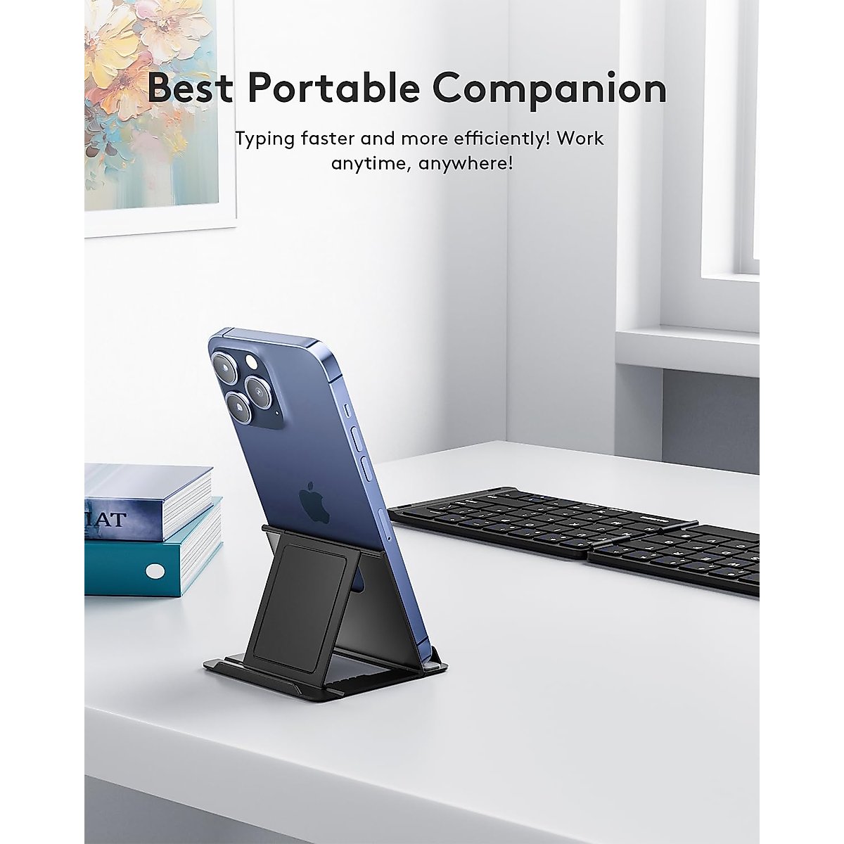 Samsers Foldable Bluetooth Keyboard - Portable Wireless Keyboard with Stand Holder, Rechargeable Full Size Ultra Slim Keyboard Compatible IOS Android Windows Smartphone Tablet and Laptop-Black