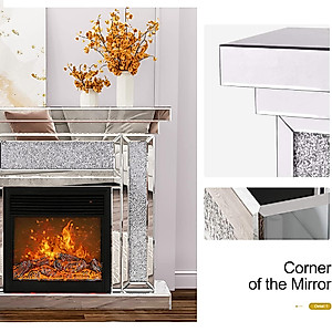 AUWHALEUS Mirrored Electric Fireplace with Remote Control and Mantel, Faux Diamonds Decor Freestanding Fireplace, Adjustable 3D Flame Effect Heater Firebox for Living Room, Silver