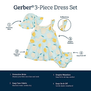 Gerber Baby Girls' 3-Piece Sundress, Diaper Cover and Hat Set, Lemons