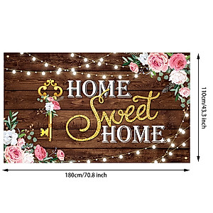House Warming party Decoration Home Sweet Home banner Backdrop Photography Key Shining Lights Background Pink Floral Wooden Floor Wedding Photo Booth Props 70.8x43.3inches