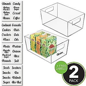 mDesign Small Plastic Kitchen Storage Container Bin, Handles for Organization in Pantry, Cabinet, Refrigerator, Freezer - Hold Food, Drink, Snacks, Prism Collection, Includes 2 Bins, 32 Labels, Clear