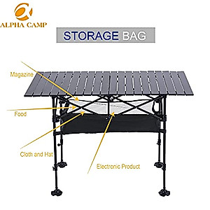 ALPHA CAMP Camping Table Outdoor Portable Table with Storage Adjustable Aluminum Table for Grill Travel Table Outdoor Picnic,Beach,BBQ,Backyards