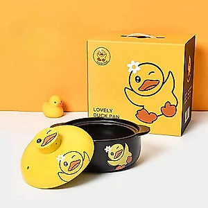 Korean Premium Duck Cartoon Ceramic Yellow Casserole Clay Pot with Lid, Perfect for Cooking Hot Pot, Dolsot Bibimbap, and Soup (2-Quarts)