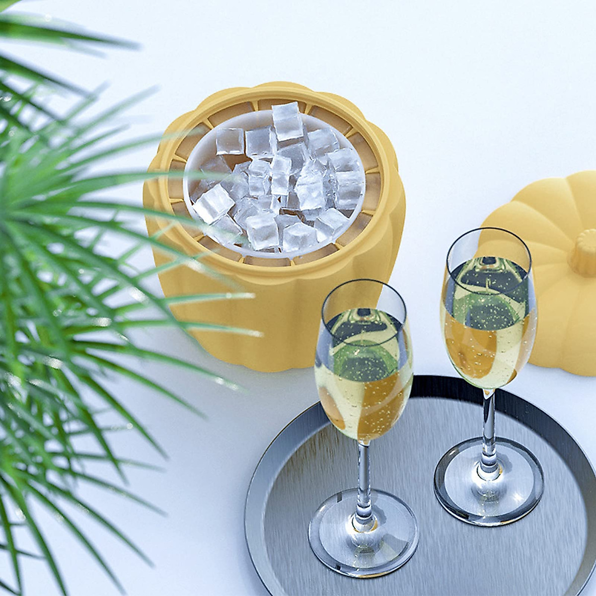Silicone Pumpkin Ice Bucket with Lid, Portable Cute Small Cooler for Drinks, Parties, Poolside, Easy to, Yellow, Ice Container Ice Buckets for Parties