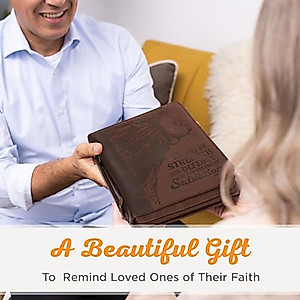 Christian Art Gifts Men's Classic Bible Cover The Lord is My Strength Lion Exodus 15:2, Brown Faux Leather, Large