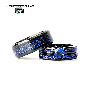 LOVERSRING Couple Ring Bridal Sets His Hers 10k Black Gold Filled Blue Cz Stainless Steel Wedding Ring Band Set
