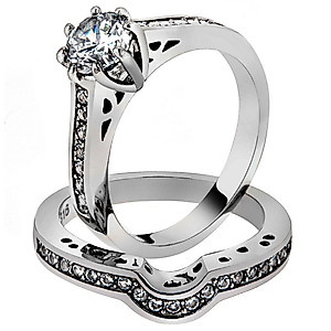 Marimor Jewelry His and Her 3 Piece Stainless Steel 1.85 Carat Cubic Zirconia Bridal Set and Men's Wedding Band Women's Size 06 Men's Size 10