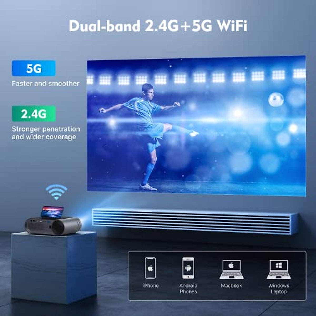Toperson Native 1080P Home Projector with 5G WiFi Bluetooth, 8500LM Wireless Video Projector for Chrismas, 4K Moive Projector for iPhone, Android, Phone, USB, HDMI, TV Stick