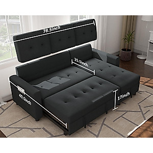 Ucloveria Sectional Sofa Couch, Sleeper Sofa Bed with Reversible Storage Chaise Pull Out Couch Bed for Living Room L-Shape Lounge 2 in 1 Futon Sofa with Side Storage Bag, Black