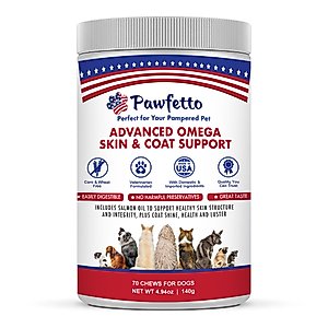 Pawfetto Advanced Omega Skin & Coat Support for Dogs. with Omega Fatty Acids, Salmon Oil, Flaxseed, and Vitamin E. Easily Digestible, Great Vegetable Flavor. Perfect for Your Pampered Pet (70 Chews)