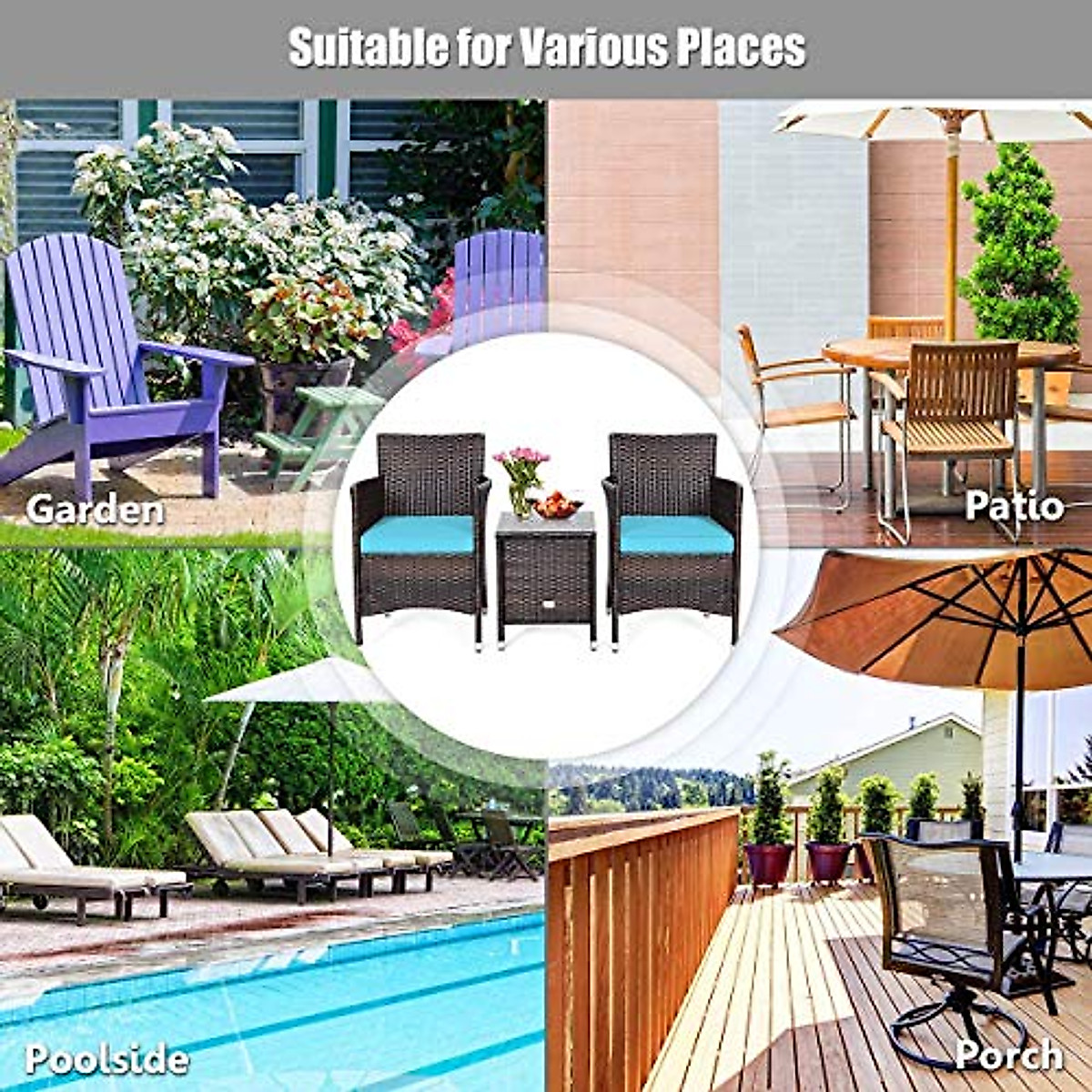 HAPPYGRILL 3-Pieces Patio Furniture Set Outdoor Rattan Wicker Conversation Set with Coffee Table Chairs & Cushions for Patio Garden Lawn Backyard Poolside