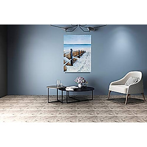 YHSKY ARTS Beach Canvas Wall Art Hand Painted Blue and White Painting with Fence Modern Abstract Coastal Pictures Contemporary Vertical Nautical Artwork for Living Room Bedroom Bathroom Decor