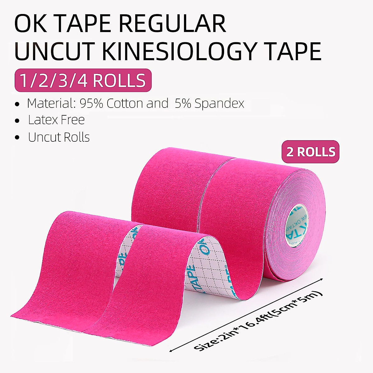 OK TAPE Regular Original Cotton Kinesiology Tape (2 Pack), Elastic Water Resistant Therapeutic Athletic Tape, Latex Free, Pain Relief, Injury Recovery, Uncut K Tape 2in×16.4ft - Pink