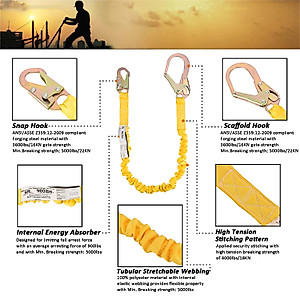 WELKFORDER Single Leg 6-Foot Fall Protection Internal Shock Absorbing Stretchable Safety Lanyard with Snap & Rebar Hook Connectors ANSI Compliant