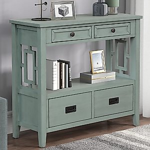 INMOZATA Retro Console Table Sofa Entryway Side Table Furniture with 4 Drawers and 1 Storage Shelves for Living Room Home Bedroom Hallway Kitchen Decor,Green