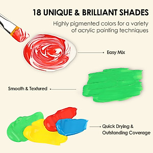 GOTIDEAL Acrylic Paint Set with 10 Brushes, 18 Colors(59ml, 2 oz) Art Craft Paint Non Toxic, Perfect for Hobby Painters, Artist, Adults, Ideal for Canvas Wood Ceramic Paint Supplies