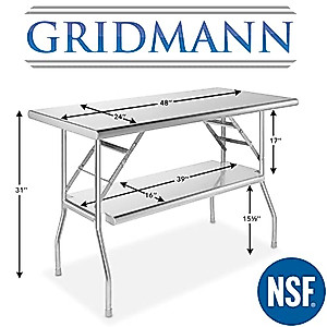 GRIDMANN Stainless Steel Folding Table 48 x 24 Inch with Under Shelf, NSF Kitchen Prep & Work Table