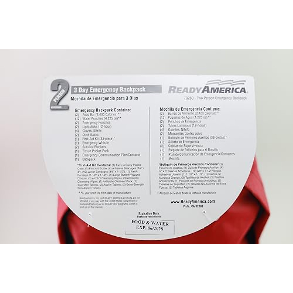 Ready America 70280 72 Hour Emergency Kit, 2-Person, 3-Day Backpack, Includes First Aid Kit, Survival Blanket, Portable Preparedness Go-Bag for Camping, Car, Earthquake, Travel, Hiking, and Hunting, Red