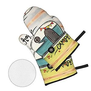 Happy Camper Oven Mitts and Pot Holders Sets of 4,Resistant Hot Pads with Polyester Non-Slip BBQ Gloves for Kitchen,Cooking,Baking,Grilling