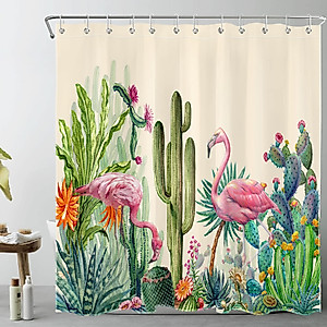 HVEST Cactus Flamingo Shower Curtain for Bathroom, Tropical Green Succulent and Pink Flamingo on Beige Shower Curtain with Hooks, 72X72 inches Sage Green Plant Polyester Fabric Bathroom Curtain