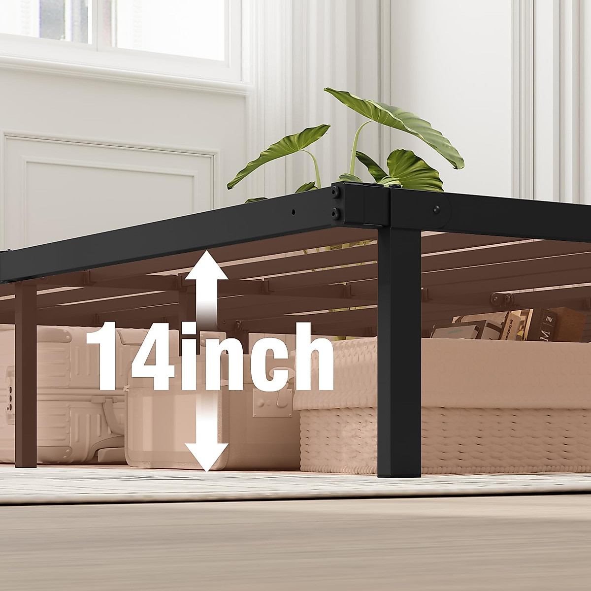 Flolinda Foldable King Bed Frame Metal Platform Bed 10 Minutes Quick Assembly Steel Slats 11 Feet Support No Box Spring Needed 14inch Black