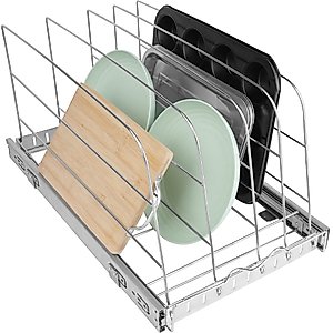 Slide Out Cutting Board for Cookie Sheet, Bakeware, and Tray, Pull-Out Organizer Kitchen Pantry Cabinet Organizer - 12.5" W x 21" D - Chrome Finish
