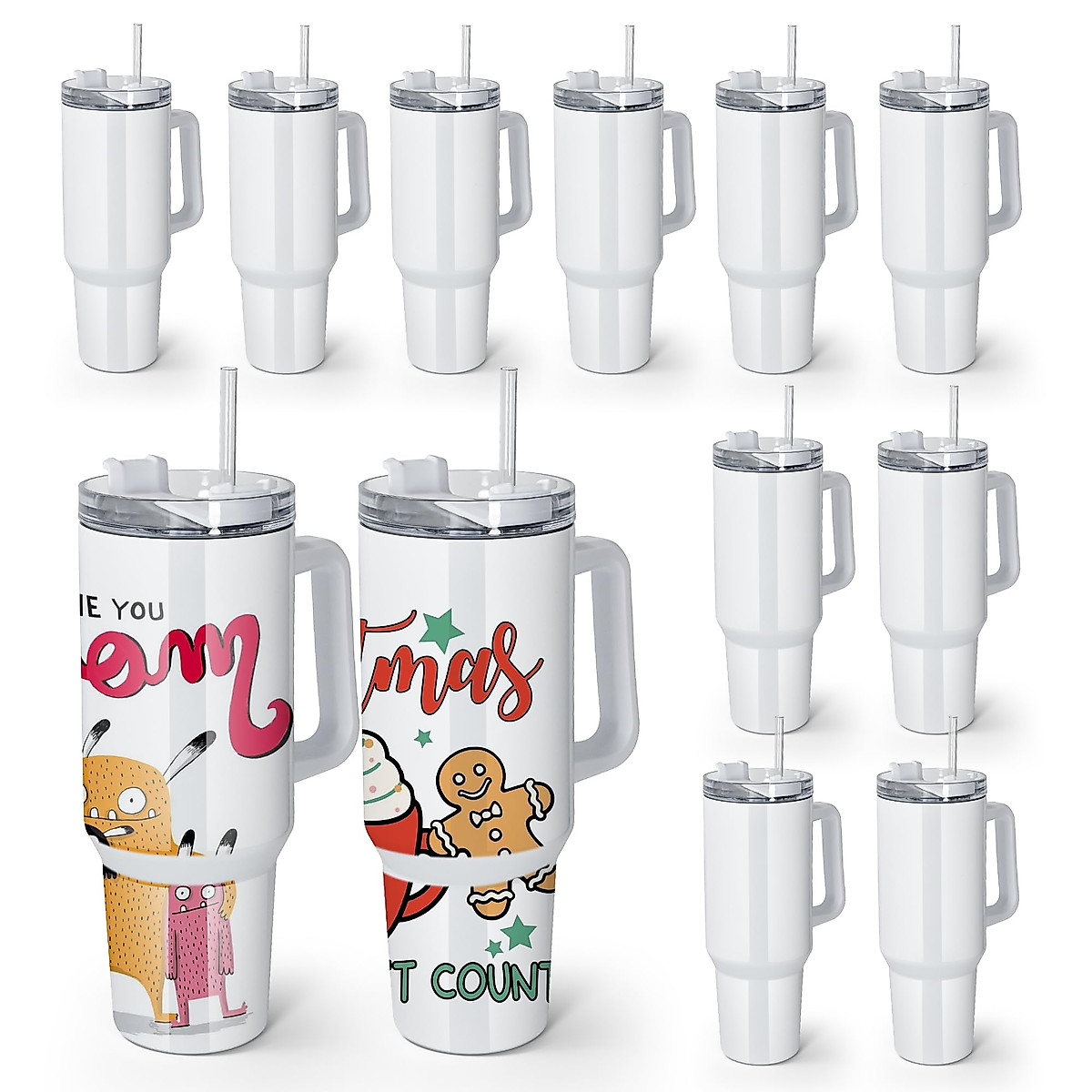 sweet grain 40oz Sublimation Tumbler with Handle and Straw Lid, 12 Pack Double Wall Vacuum Reusable Stainless Steel Insulated Water Bottle Travel Mug Cup, White, DIY Gift