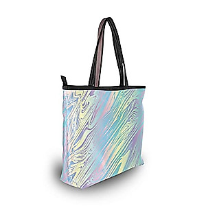 Bolaz Tote Bag with Pockets for Women Rainbow Marble Colorful Art Shoulder Bag Handbags Zipper Work Small Travel Office Business