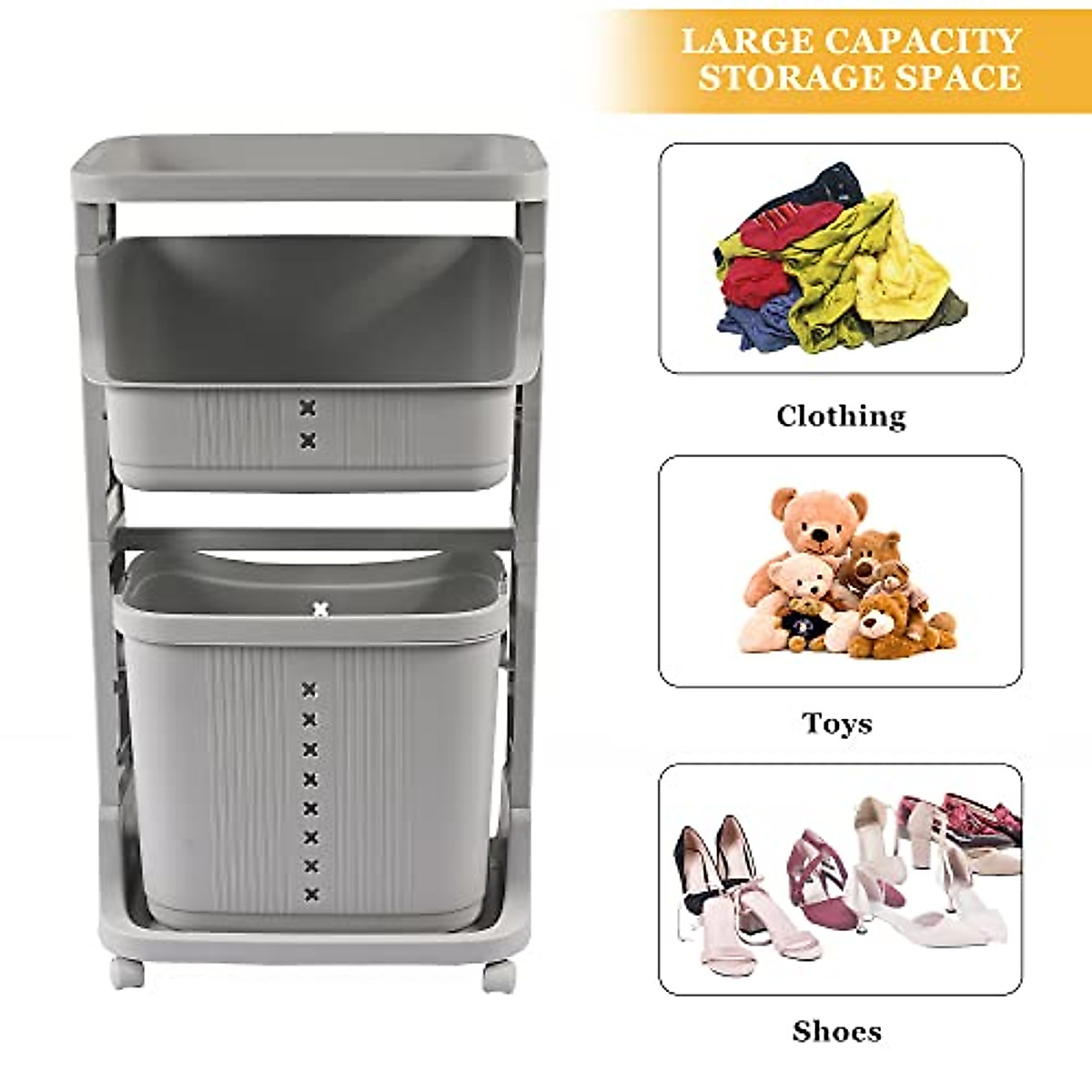 LOFT LIVING Laundry Hampers Laundry Baskets Dirty Clothes Hamper with Wheels and Handle Tall White Portable Rolling Laundry Baskets with 1 Removable Large Baskets Gery