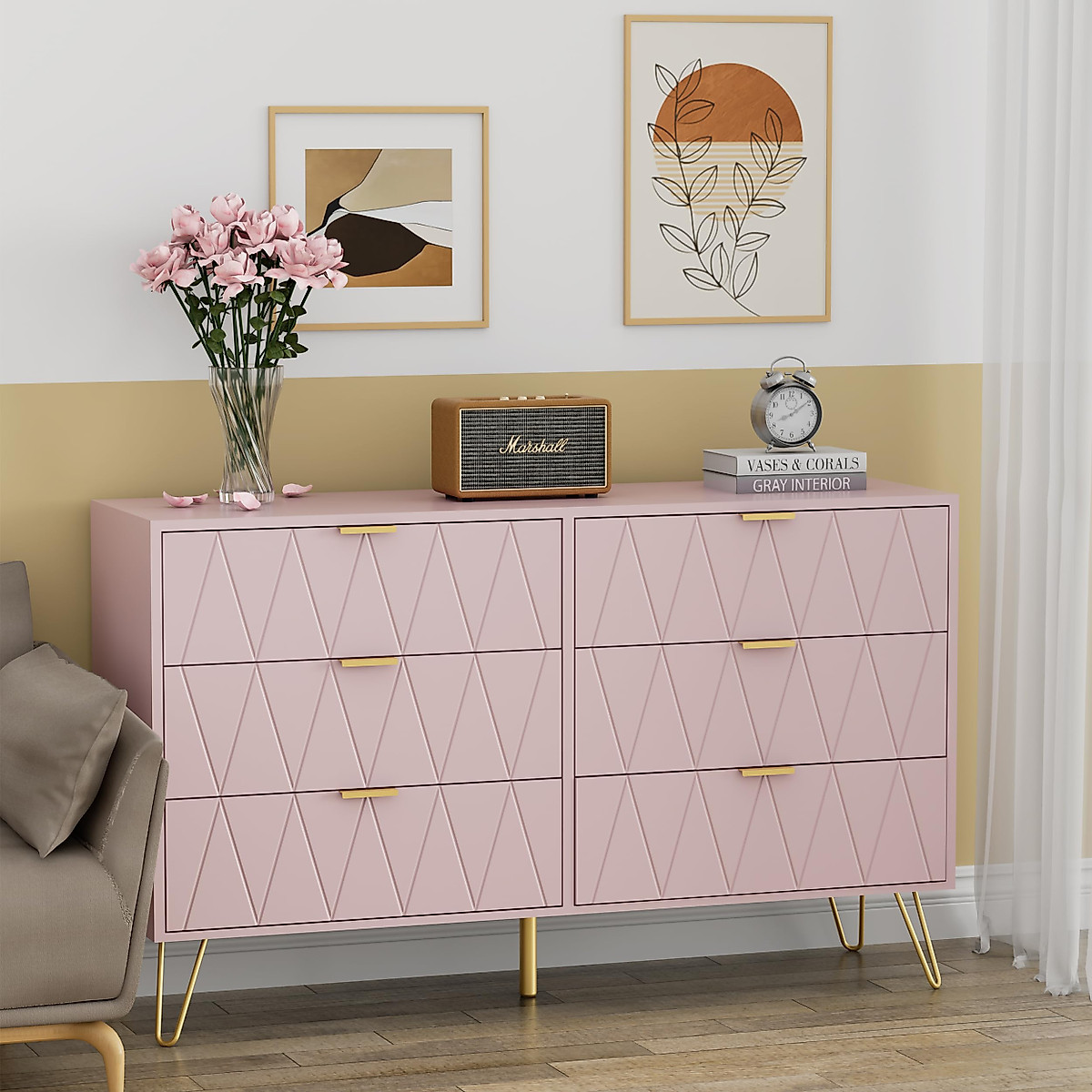 UEV 6 Drawer Dresser for Bedroom,Pink Dresser with Wide Drawers and Metal Handles,Modern Dresser Chest for Bedroom,Living Room,Entryway(Large Pink)