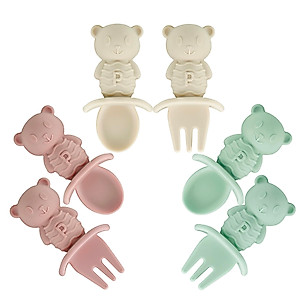 PandaEar 6 Pack Baby Led Weaning Spoons Forks 6+ Months | Silicone Baby Spoons and Fork Self Feeding Utensils, Toddler Infant Anti-Choke Feeding Utensils, Bear Shape (Pink Green Linen)