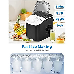 Harigal Countertop Ice Maker Machine with Handle, 26.5lbs in 24Hrs, 9 Ice Cubes Ready in 6 Mins, Smart Self-Cleaning, Portable Ice Makers Countertop for Home/Office/Party/RV(Black)