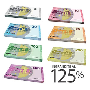 Scratch Cash Bundle Money to Play (Size Increased to 125% Compared to The Real Ones) 175 Banknotes - 7 Stacks of Euro 25 x € 5, 10, 20, 50, 100, 200 and 500
