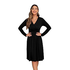 GRECERELLE Long Sleeve Dress for Women, Casual Fall Dress, Black Dresses, Wrap V-Neck Party Dress(Large, Black + Pockets)