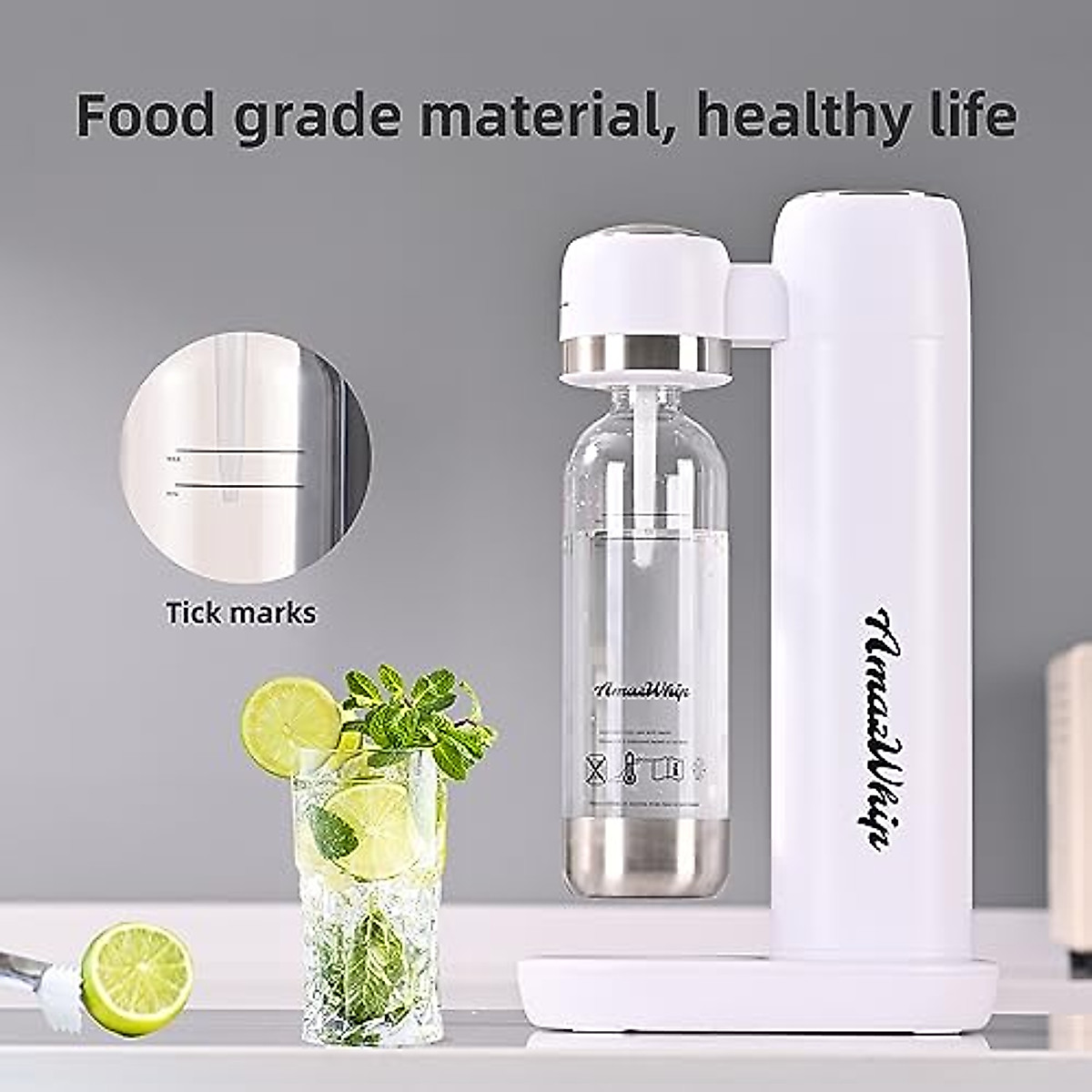 AmazWhip sparkling water maker, paired with CO2 gas canisters and 1L water bottles for Household soda water (White+ 2 canisters)