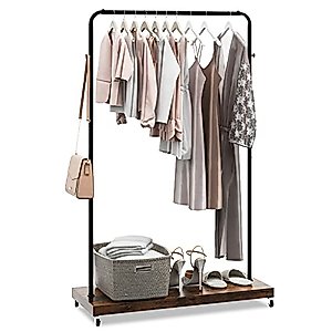 Tangkula Clothes Rack on Wheels, Industrial Pipe Style Rolling Garment Rack with Bottom Storage Shelf & 5 Hanging Hooks, Clothes Organizer with Sturdy Metal Frame for Bedroom Laundry Room