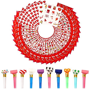 Valentine’s Day Bingo Game for Kids, Bingo Cards with 32 Players & 10 Pcs Party Blowers for Valentine Party Games, Valentine Crafts School Classroom Party Favor Activities,Holiday Party Craft Supplies