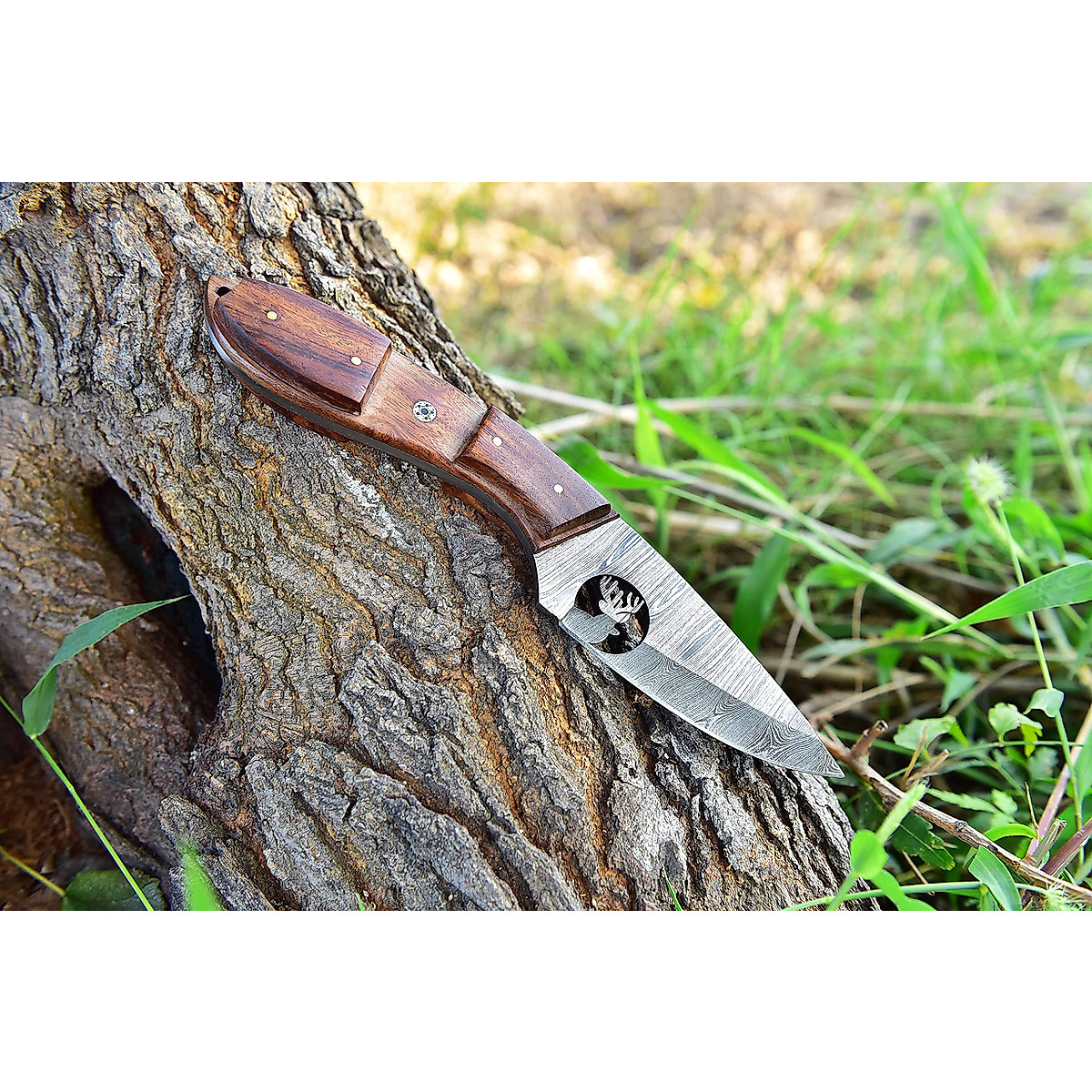 Damascus Hunting Knife - Handmade Knife, Hand Forged Fixed Blade Knife, Camping Knife & Hunting Knives - Gift Knives & Bowi Knives with Rose Wood Handle - Leather Knife Sheath