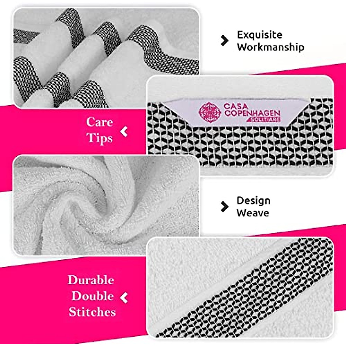 CASA COPENHAGEN Solitaire Designed in Denmark 600 GSM 2 Large Bath Towels 2 Large Hand Towels 2 Washcloths, Super Soft Egyptian Cotton 6 Towels Set for Bathroom, Kitchen & Shower - White + Black